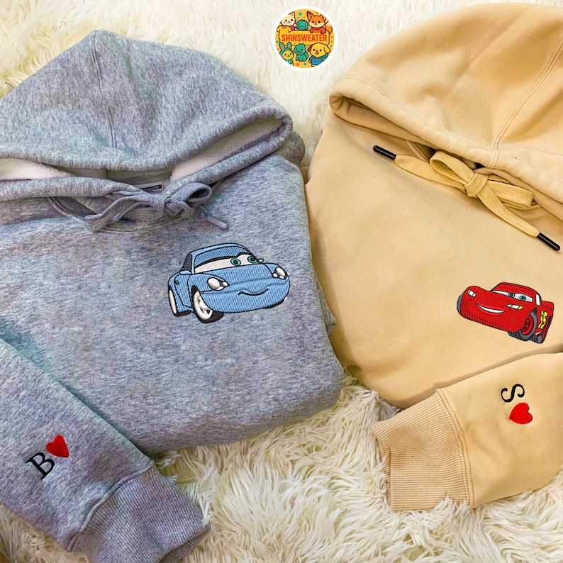 Cartoon Cars Couple Movie Embroidered Sweatshirt, Mcqueen Sally Mater ...