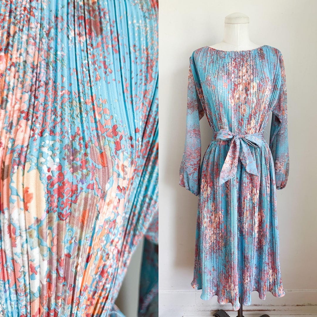 Vintage 1970s Blue Floral Dress / L-XL - Etsy