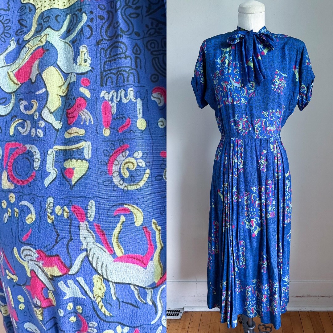 Vintage 1940s Silk Folklore Novelty Print Dress / XS - Etsy