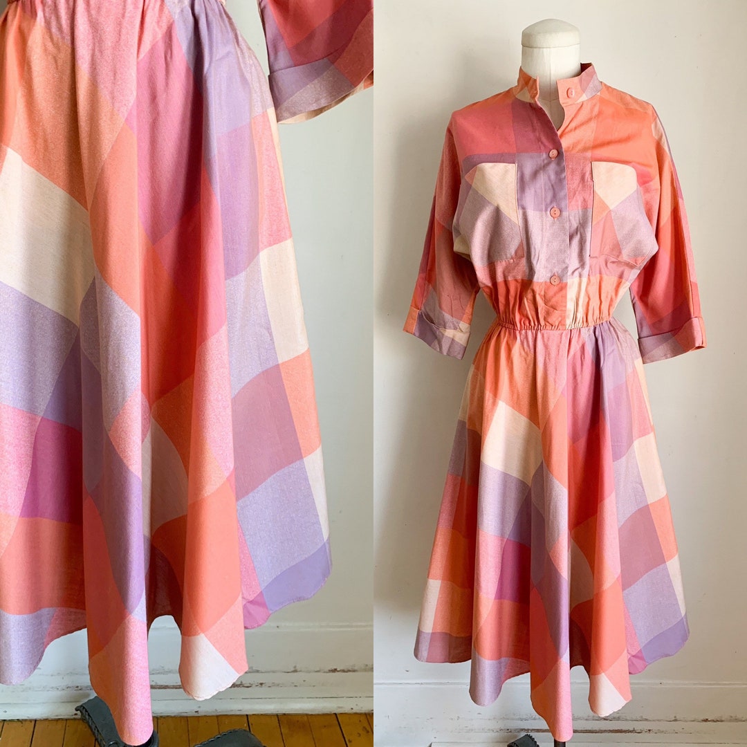 Vintage 1980s Orange Madras Plaid Day Dress / S - Etsy