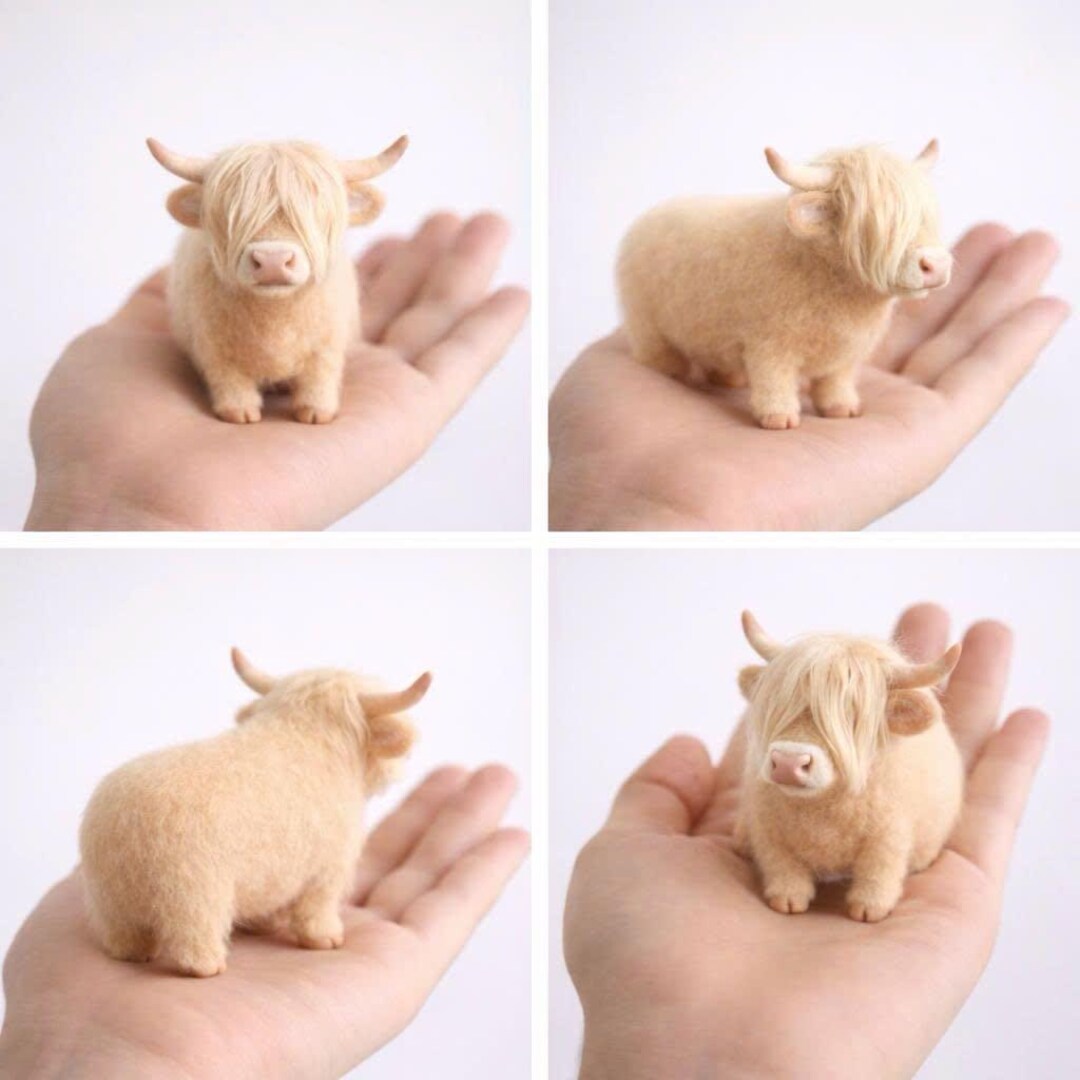 Needle Felted Highland Cow, Handmade Wool Cow Figurine, Mini Fluffy Cow ...