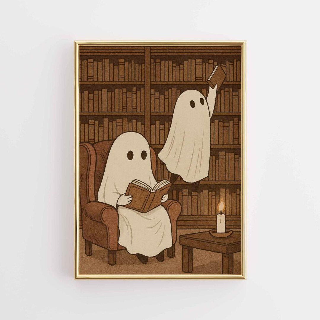 Bookish Ghosts Wall Art, Cute Halloween Library Print, Spooky Reading ...