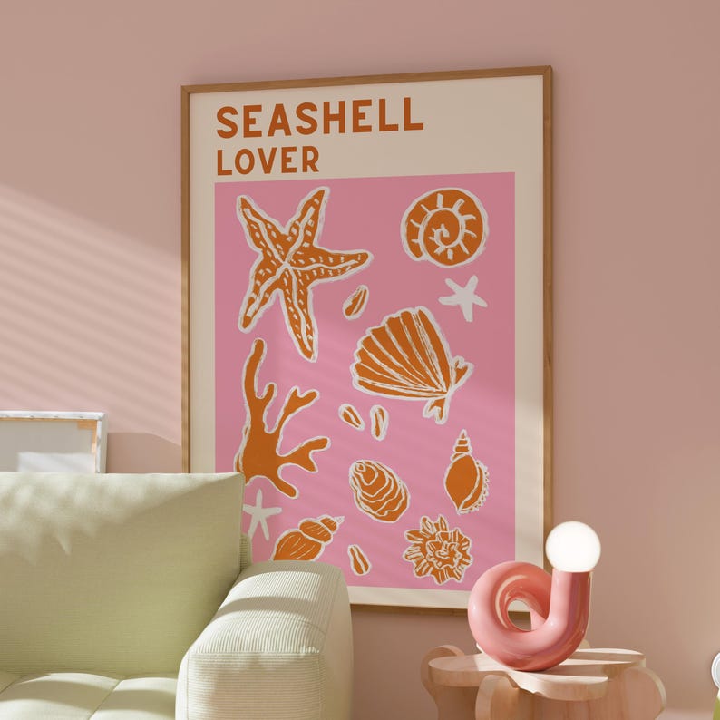 Seashell Lover Beach Print, Coral Ocean Shells Poster, Pink Preppy ...