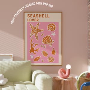 Seashell Lover Beach Print, Coral Ocean Shells Poster, Pink Preppy ...