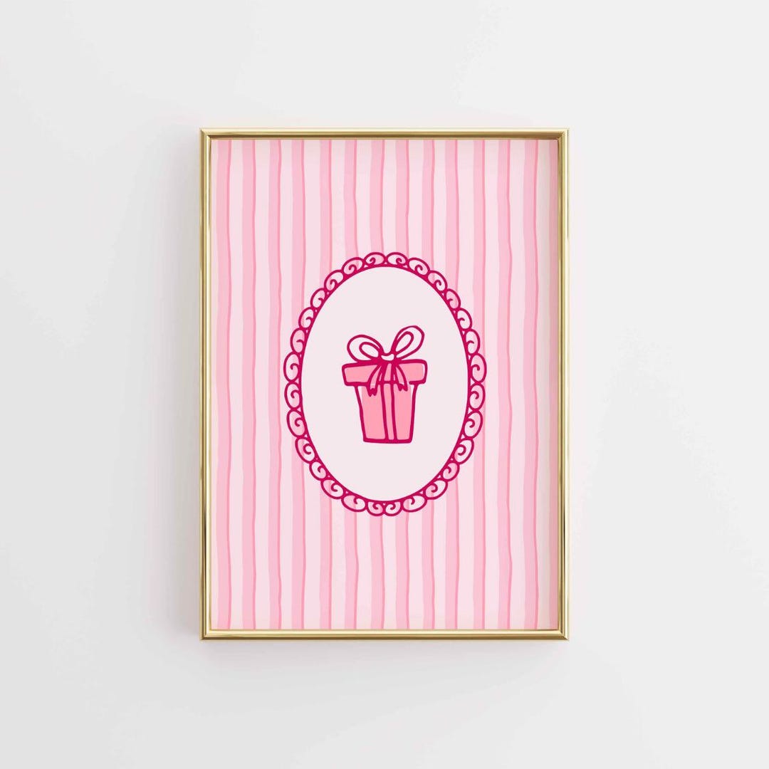 Pink Christmas Gift Print, Cute Holiday Present Wall Art, Festive ...