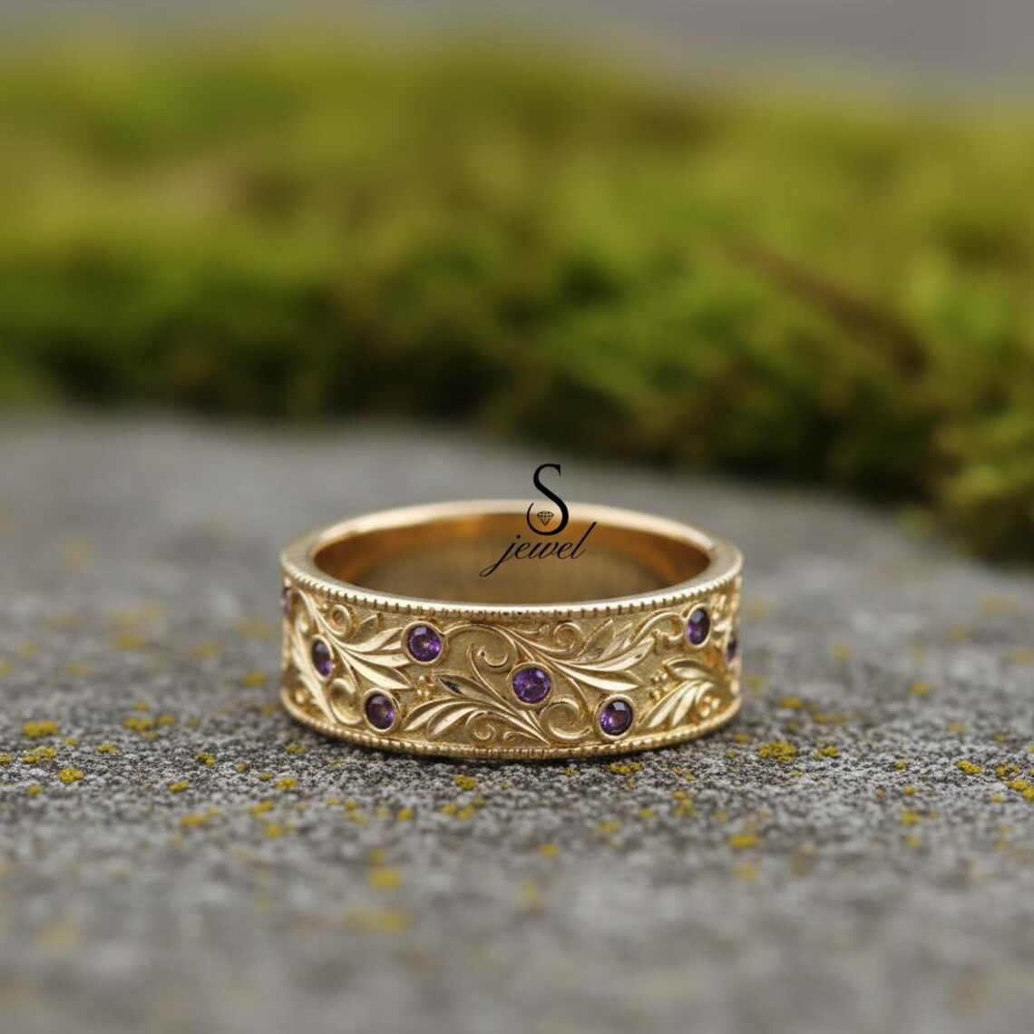 Full Eternity Edwardian Wedding Band, Bezel Set Eternity Band, Purple ...