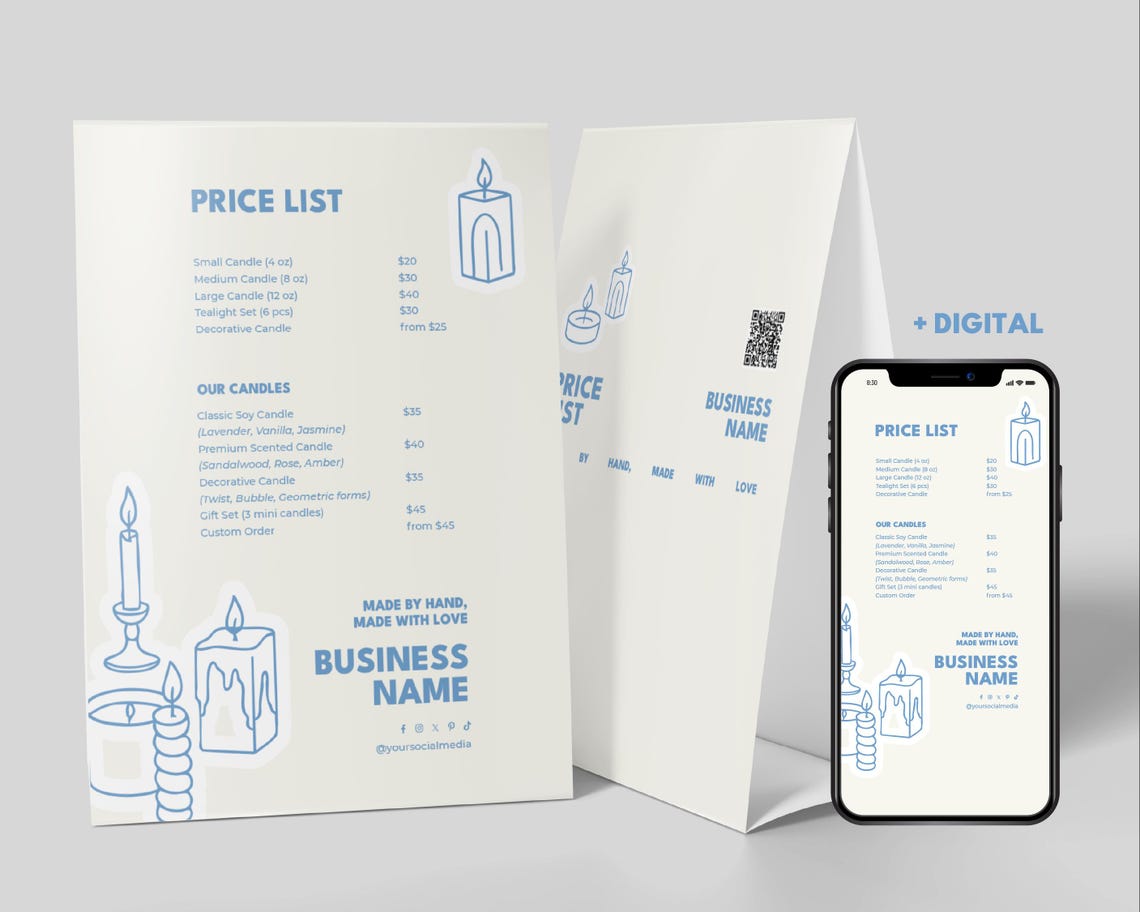 Editable Candle Price List Template: Cream & Blue Minimalist Design ...
