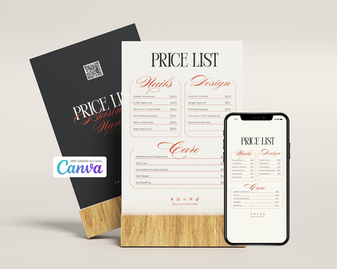 Nail Salon Price List Template: Editable Canva Menu Design (digital ...