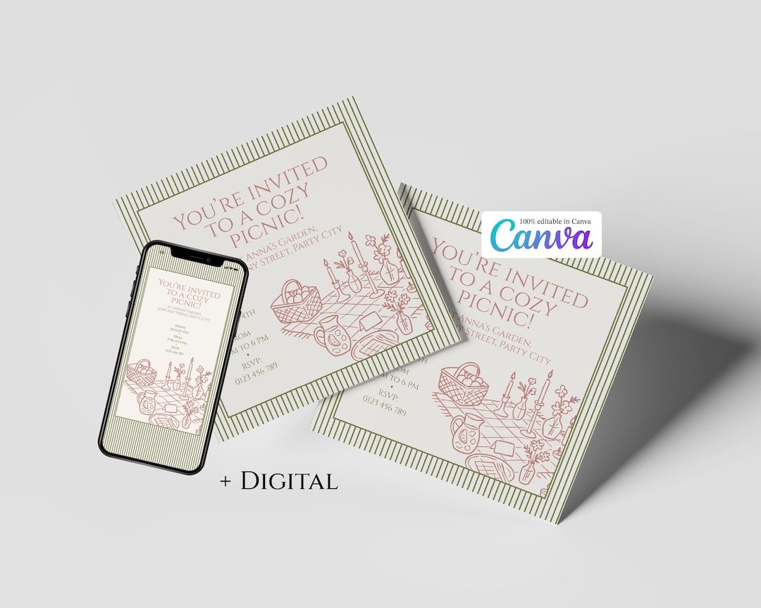 Cozy Picnic Invitation Template: Editable Canva Garden Party Invite ...