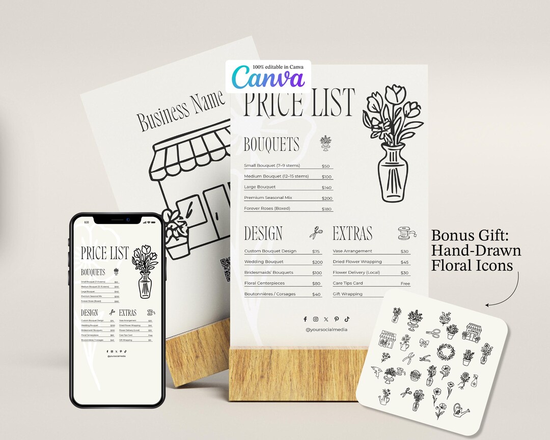 Editable Florist Price List Template: Minimalist Flower Shop Menu ...