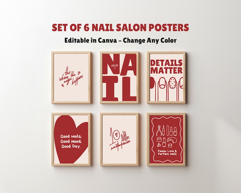 Red Nail Salon Poster Set: Modern Beauty Studio Decor (digital Download ...