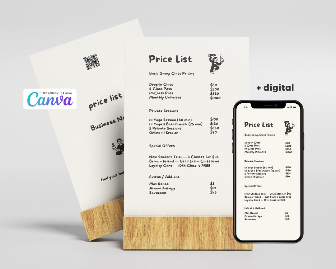 Yoga Studio Price List Template: Editable Canva Design (digital ...