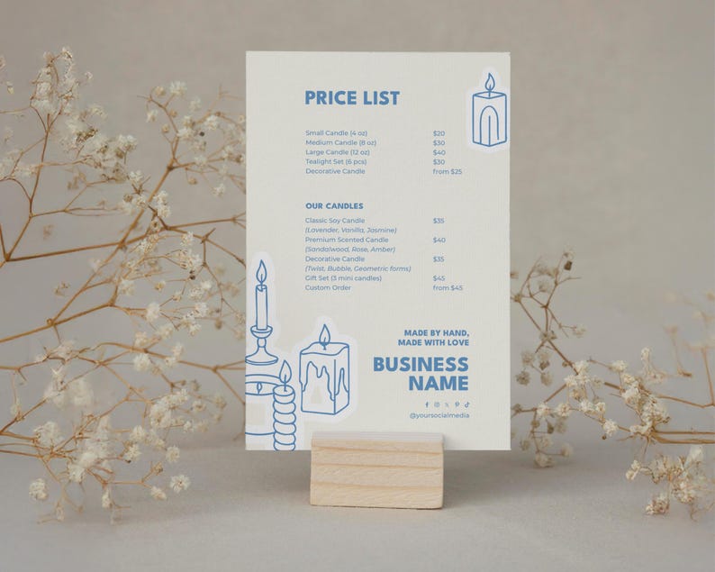 Editable Candle Price List Template: Cream & Blue Minimalist Design ...