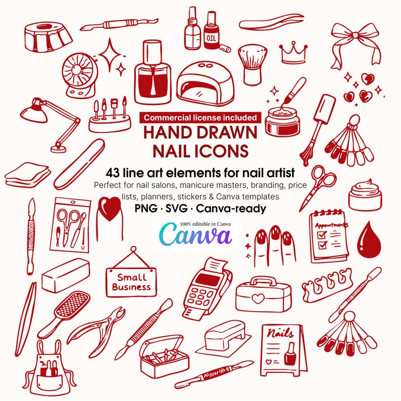 Hand Drawn Nail Icons | Manicure Line Art, Canva PNG SVG (digital ...