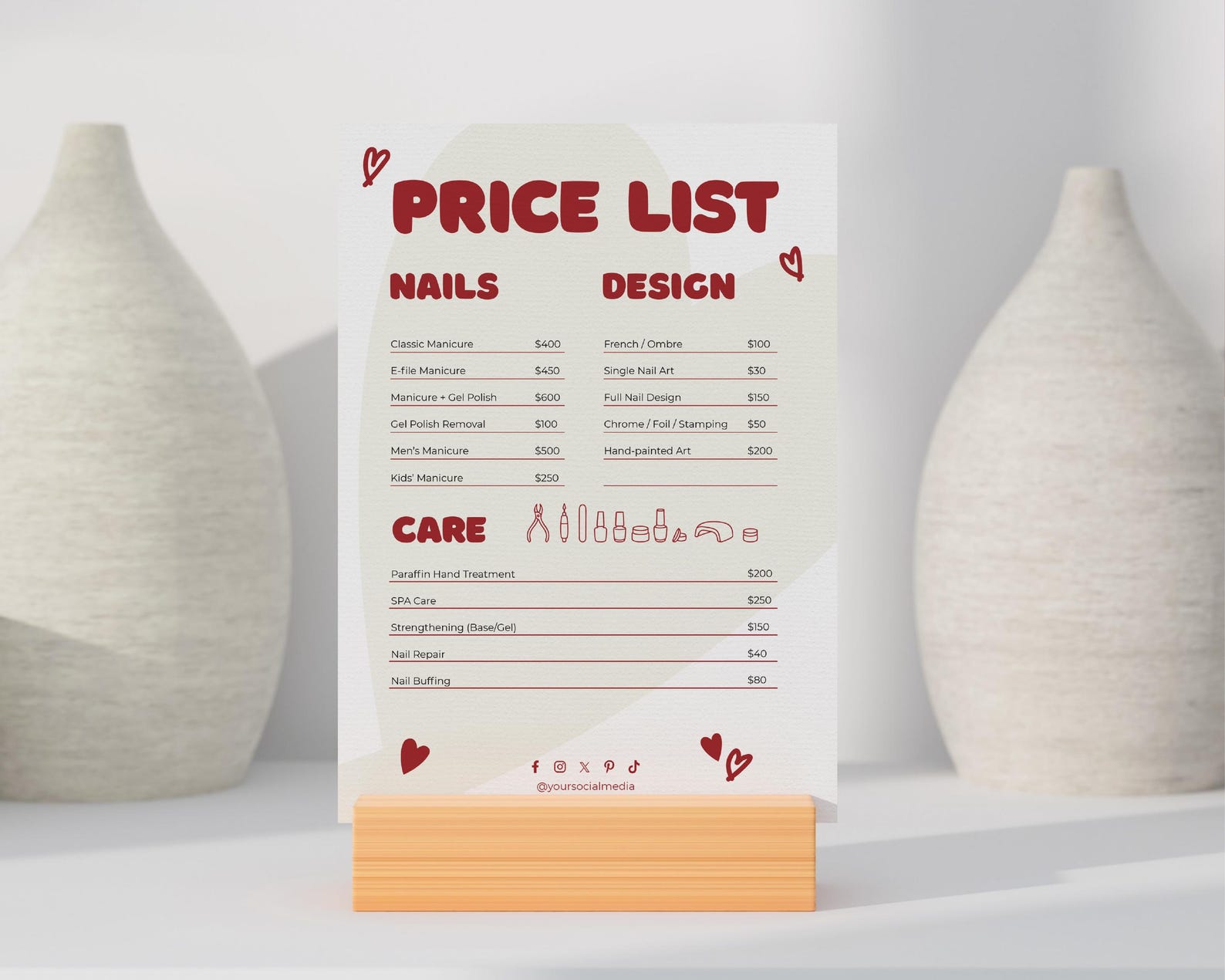Editable Nail Salon Price List Template: Red Heart Design, 3 Sizes ...
