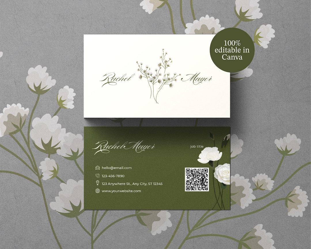 Floral Business Card Template: Green & White Botanical Design (canva ...