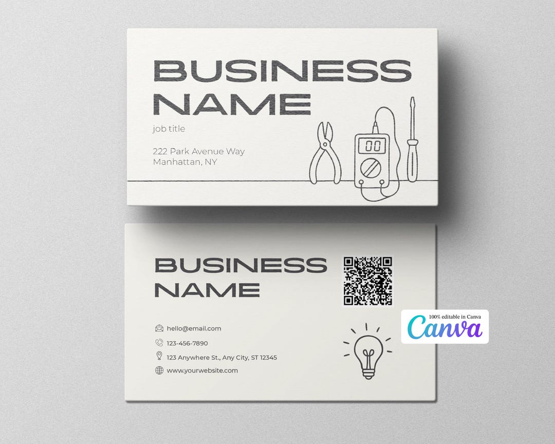 Electrician Business Card Template: Editable Minimalist Design (two ...