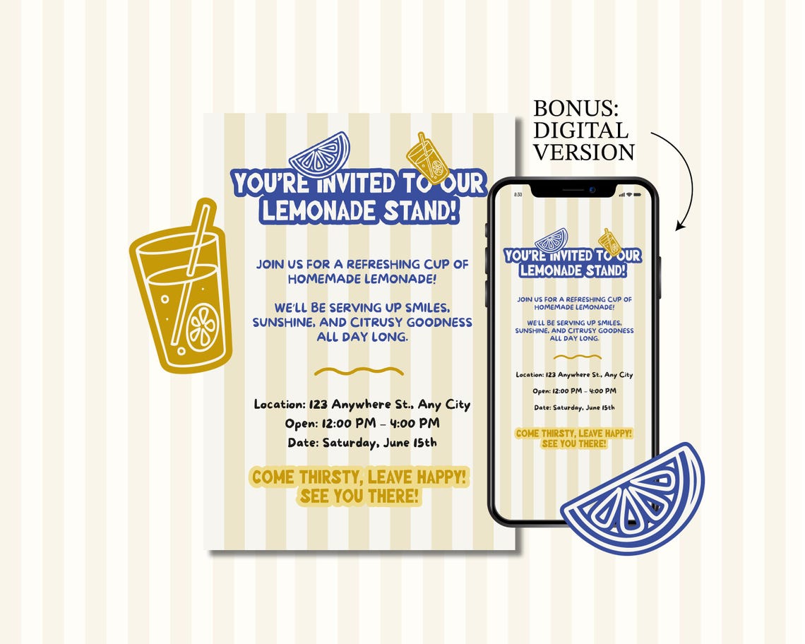 Lemonade Stand Invitation: Editable Canva Template (digital Download ...
