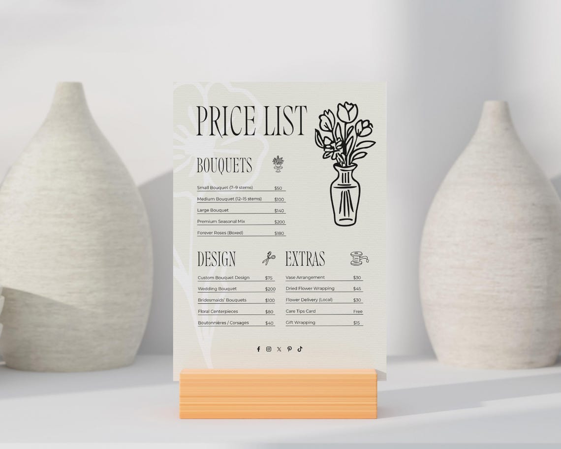 Editable Florist Price List Template: Minimalist Flower Shop Menu ...