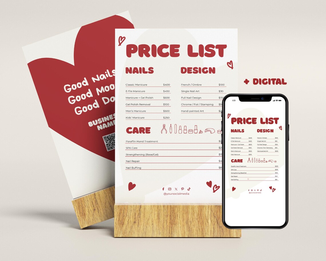 Editable Nail Salon Price List Template: Red Heart Design, 3 Sizes ...