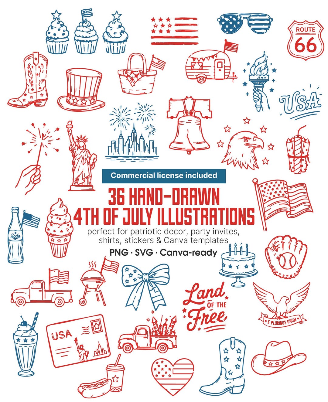 4th of July Hand-drawn Illustrations Bundle, Patriotic Americana ...