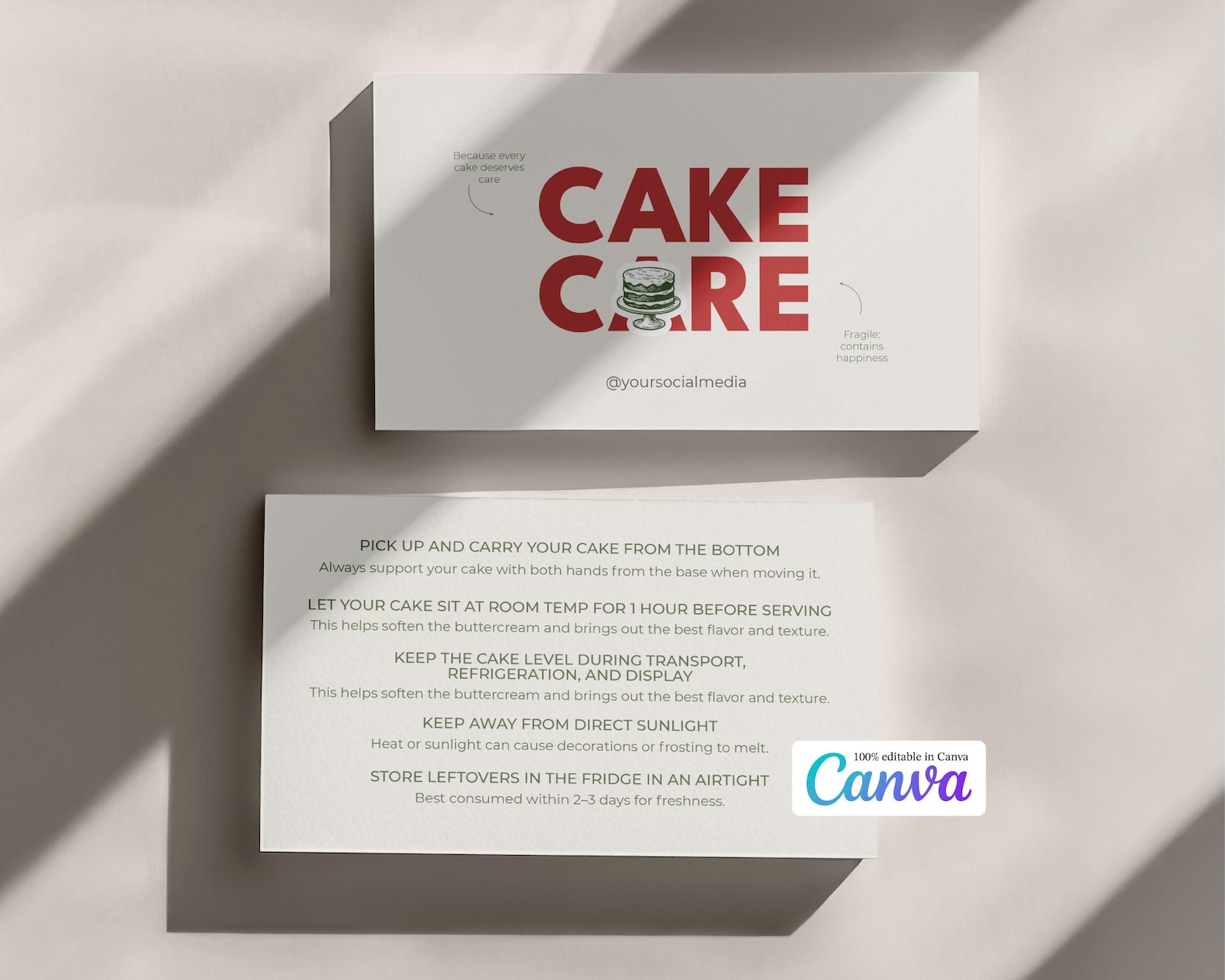 Cake Care Card Template: Bakery Instructions, Editable Canva Design ...