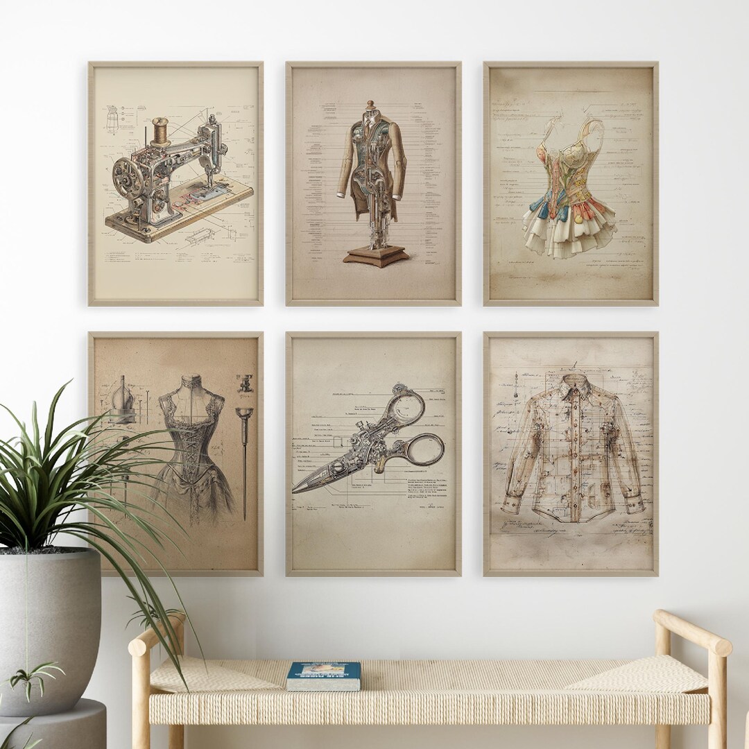 Vintage Sewing Blueprint Art Set, Seamstress Decor (digital Download ...