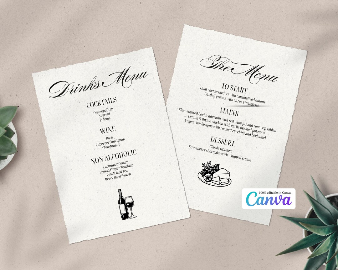 Editable Wedding Menu & Drinks Menu • Canva Templates • Black and White ...