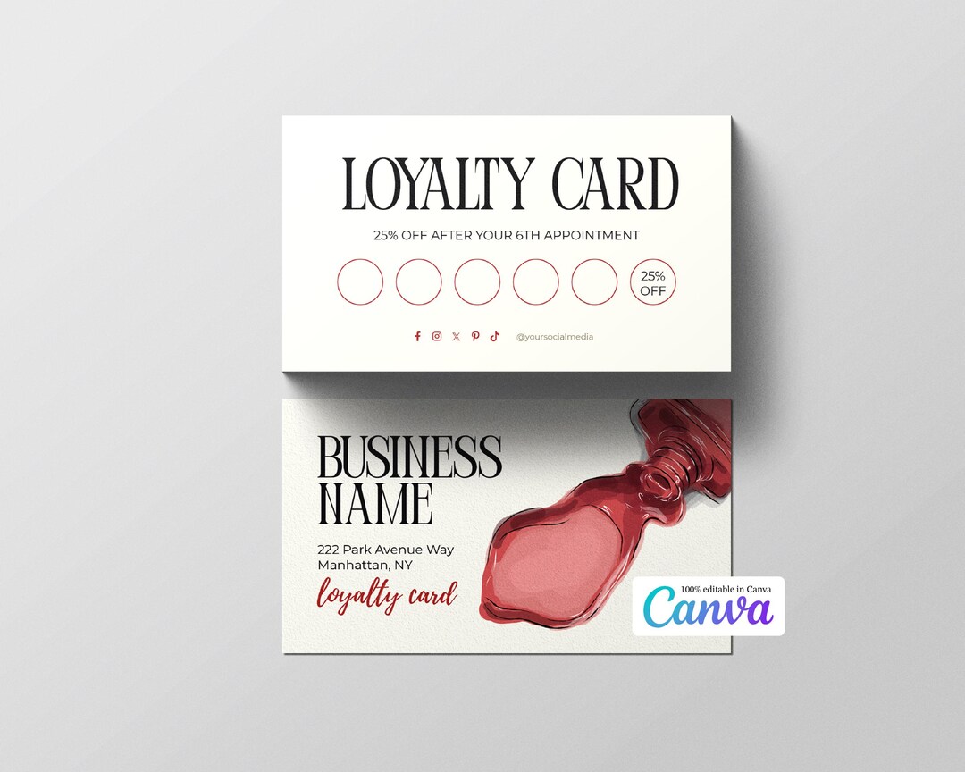 Red Nail Polish Loyalty Card Template – Editable Canva Punch Card ...