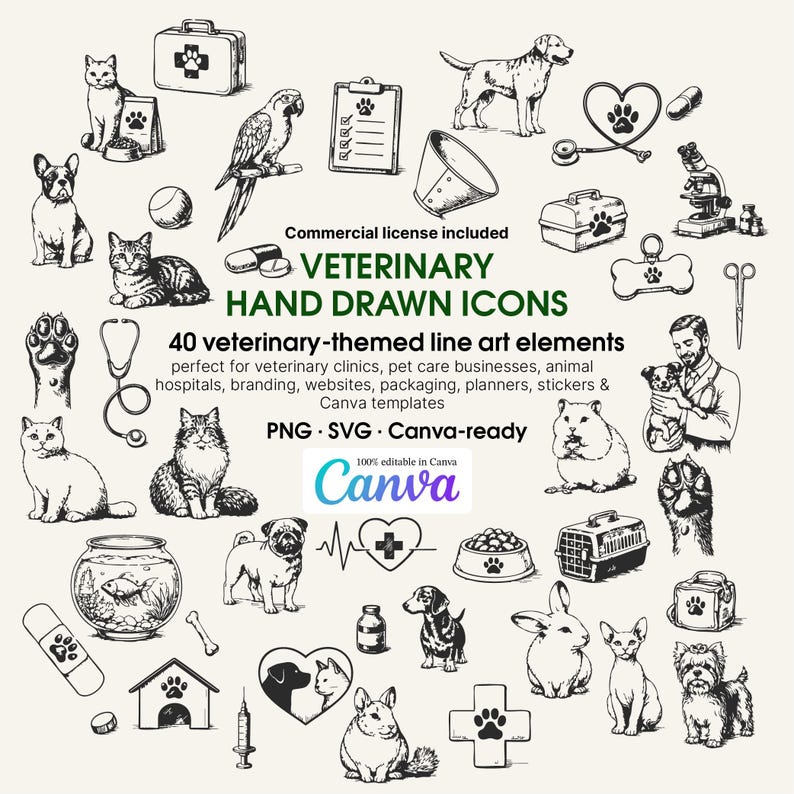 Veterinary Hand Drawn Icons | Pet Care Line Art | Animal Clinic ...