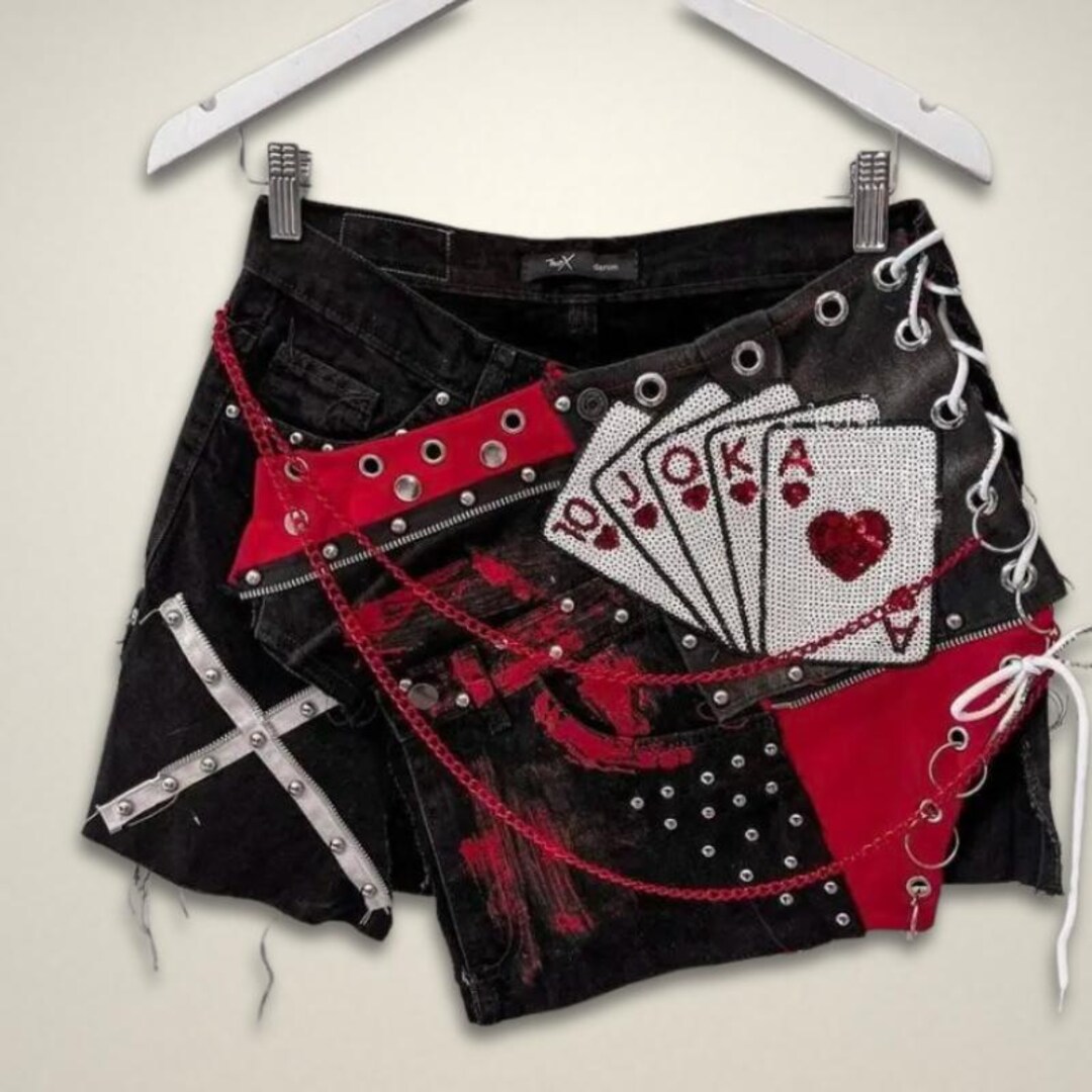 Gothic Denim Mini Skirt – Playing Card Graphic, Rhinestone Detail, High ...