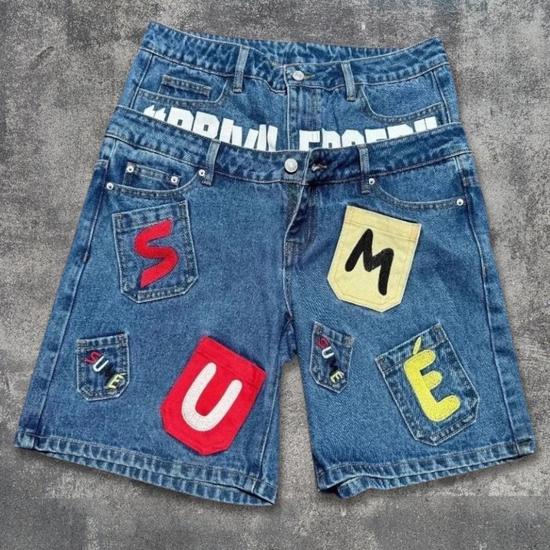 Y2K Baggy Patchwork Denim Jorts: Hip Hop Streetwear - Etsy