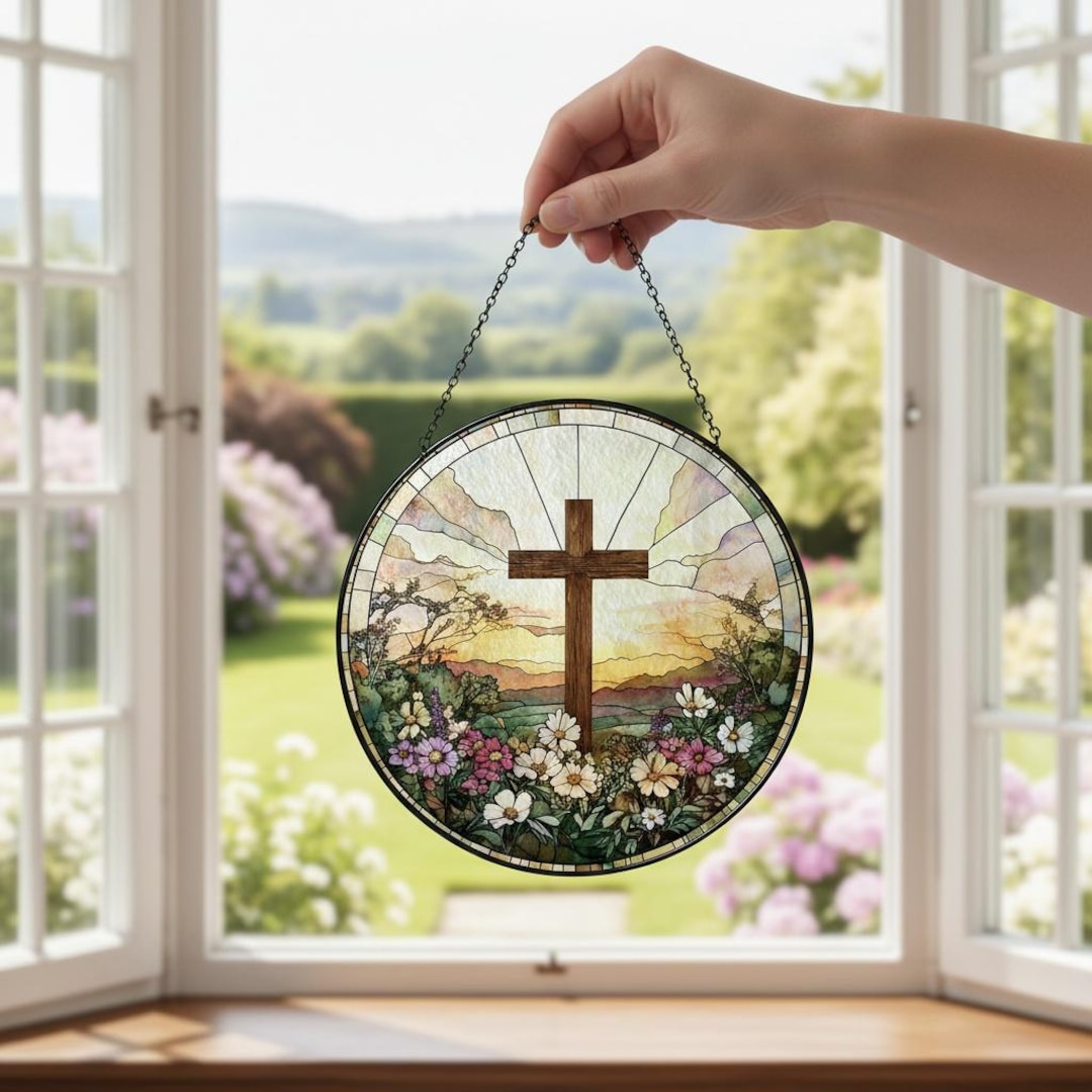 Christian Glass Window Hanging, Stained Glass Cross Window Decor ...