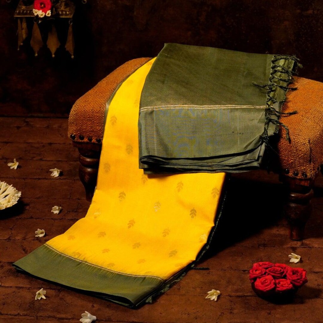 Lemon Yellow and Sage Green Silk Consecrated Saree With Kodi Visiri ...