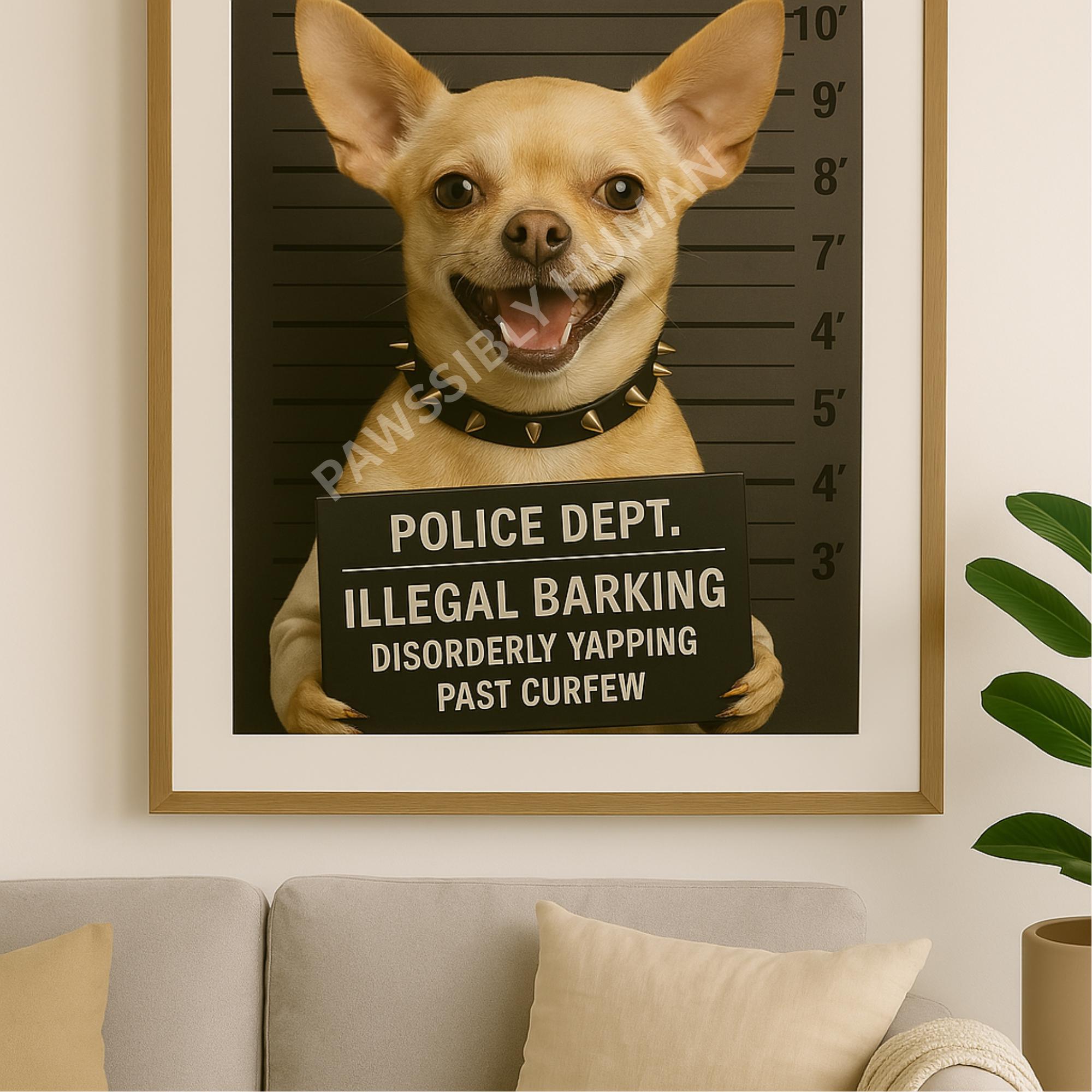 Hilarious Chihuahua Mugshot Poster - Quirky Pet Portrait for Dog Lovers ...