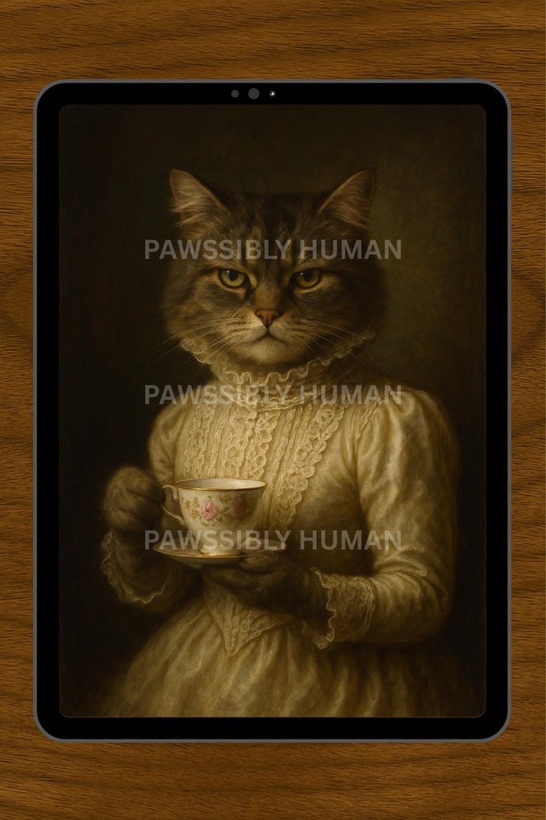 Victorian Cat Portrait: Regal Feline Drinking Tea (digital Download) - Etsy