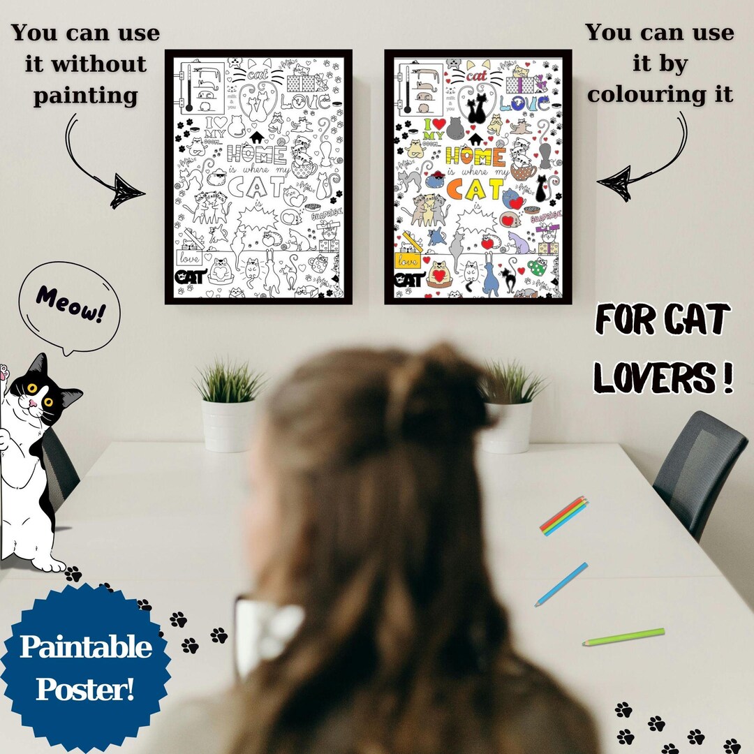 Cat-themed Coloring Poster | Black & White Illustration | Fun Family ...