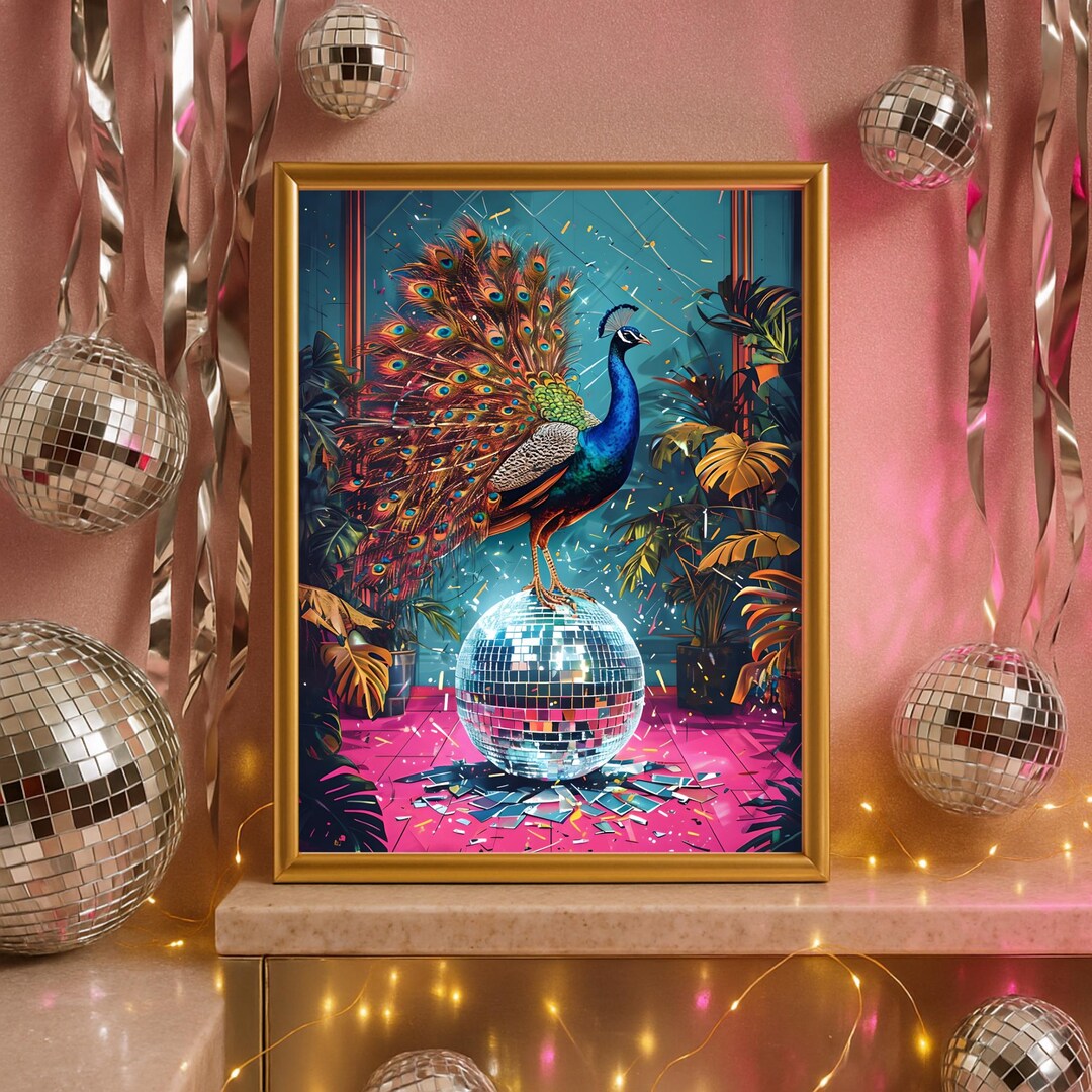 Peacock Disco Ball Print - Retro Glam Maximalist Wall Art, No Frame ...