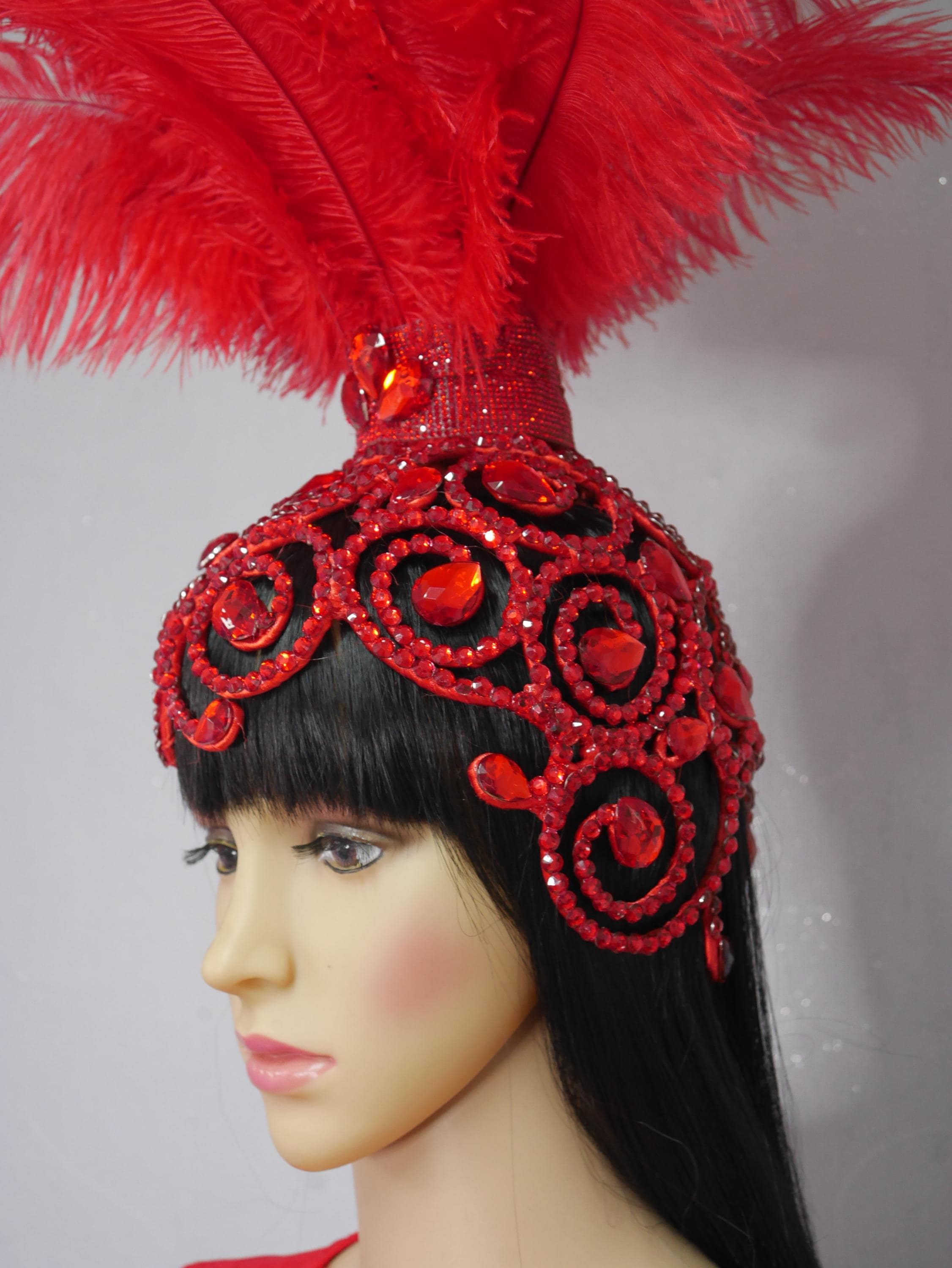 Showgirl Red Ostrich Feather Headdress Headpiece With Rhinestone ...