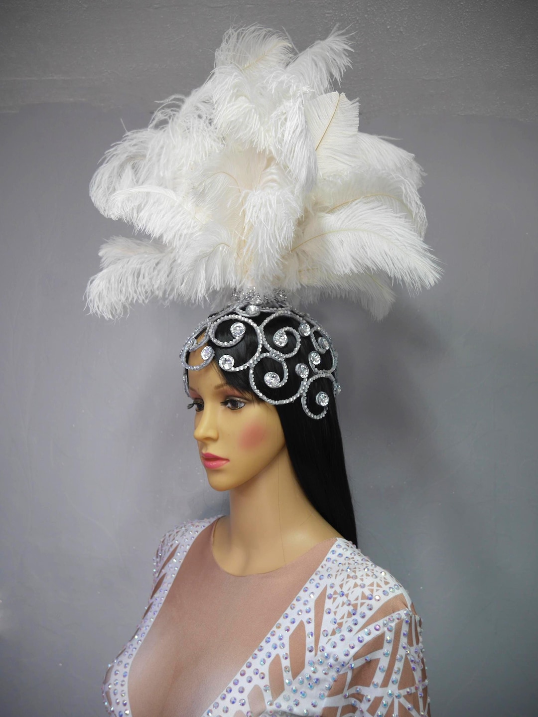 Showgirl White Ostrich Feather Headdress Headpiece With Rhinestone ...
