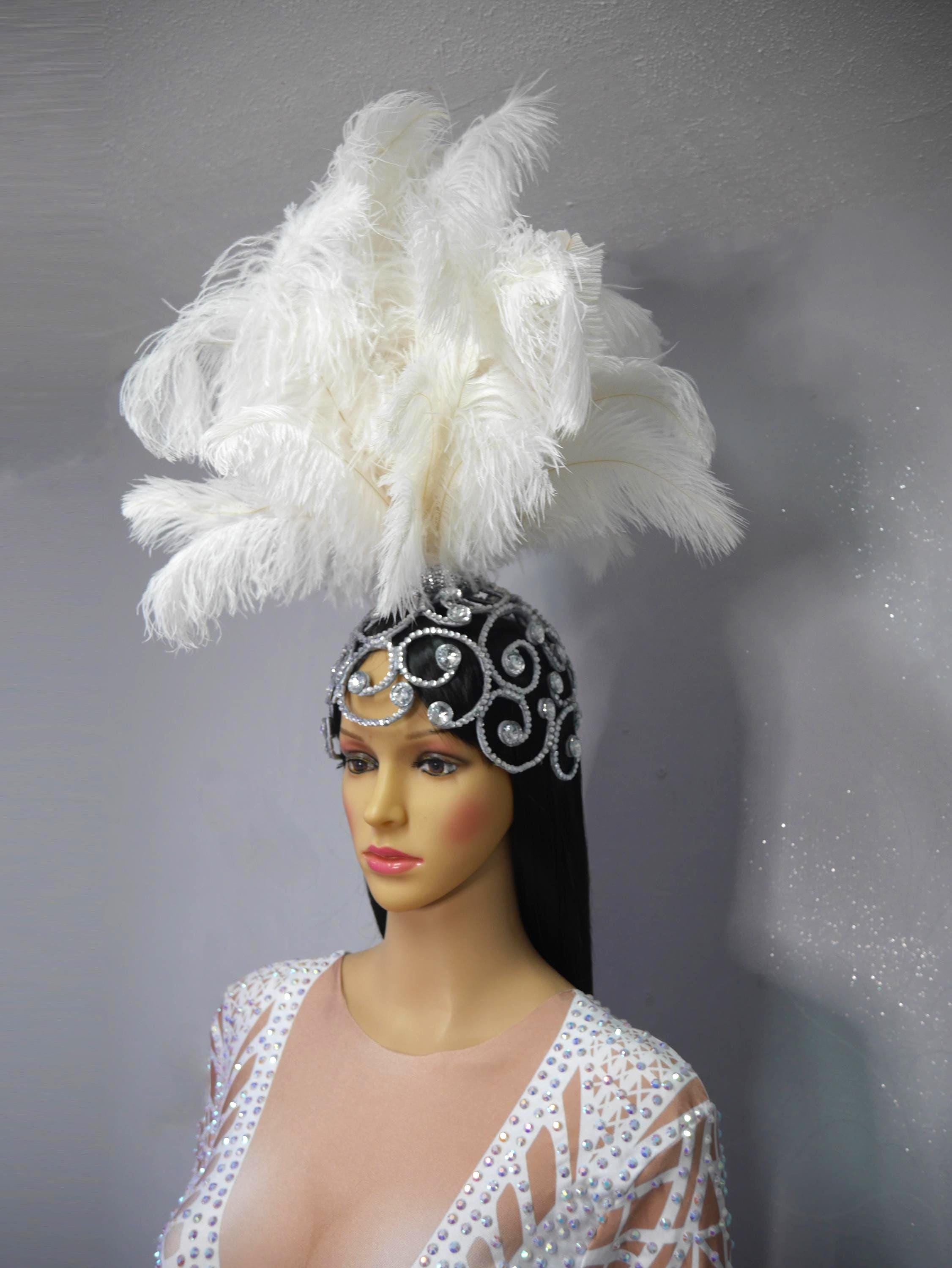 Showgirl White Ostrich Feather Headdress Headpiece With Rhinestone ...