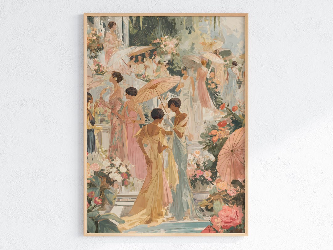 Vintage High Society Scene Art Print Pastel Pink Yellow Decor ...