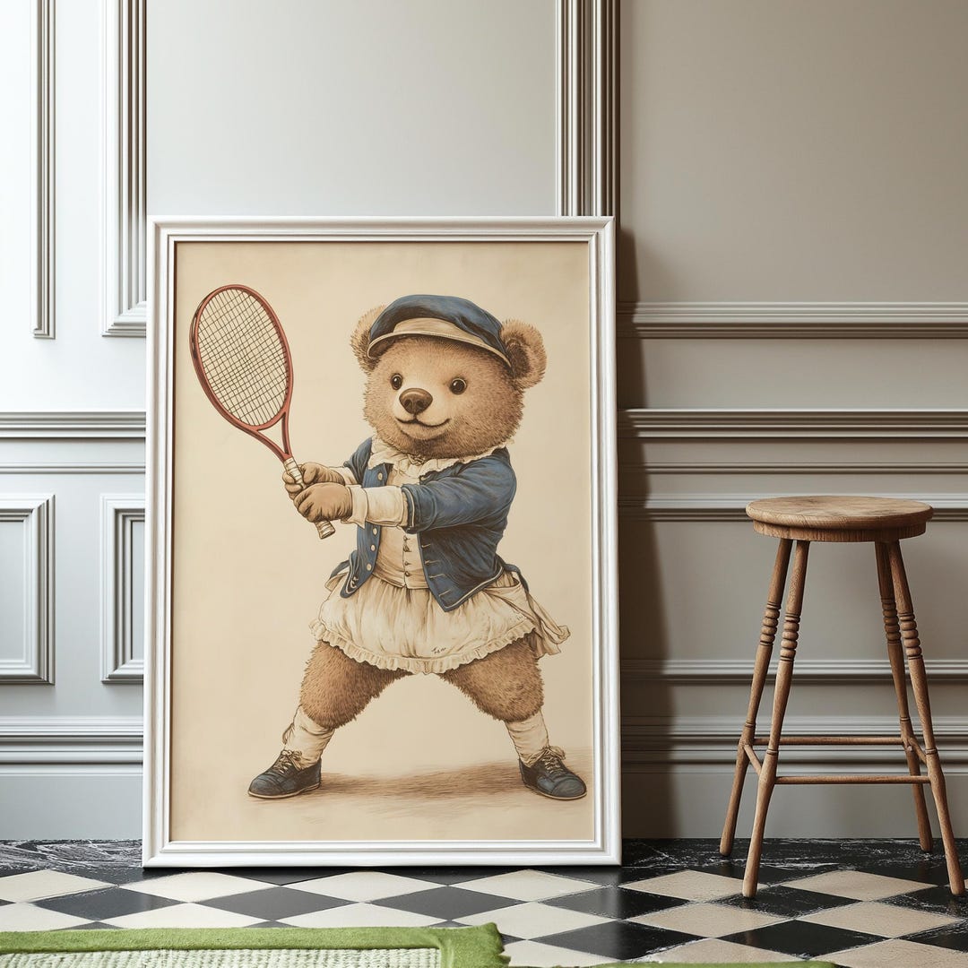Vintage Style Tennis Bear Digital Wall Art Printable Gift for Quiet ...