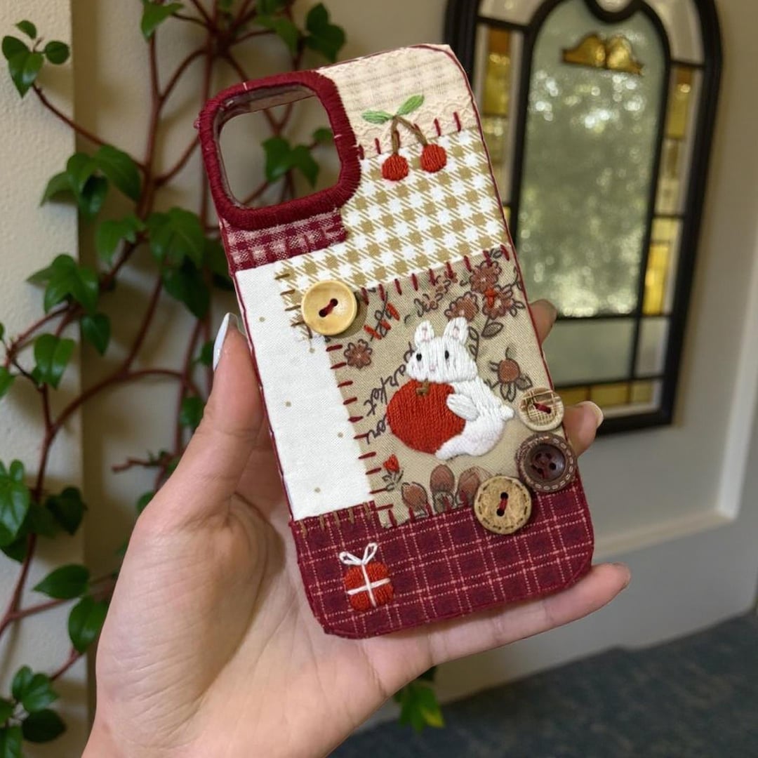 Handmade Patchwork Phone Case, iPhone Case, Samsung Case, Plaid Embroidery Case, Cute Bunny ...