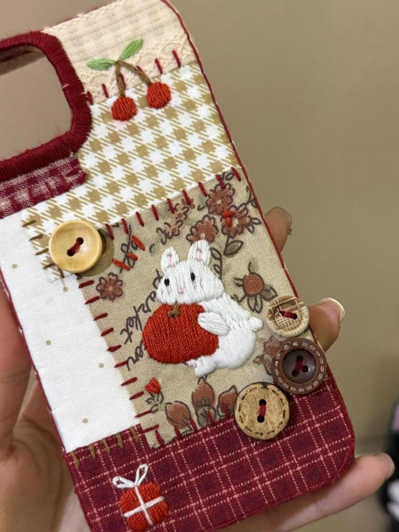 Handmade Patchwork Phone Case, iPhone Case, Samsung Case, Plaid Embroidery Case, Cute Bunny ...