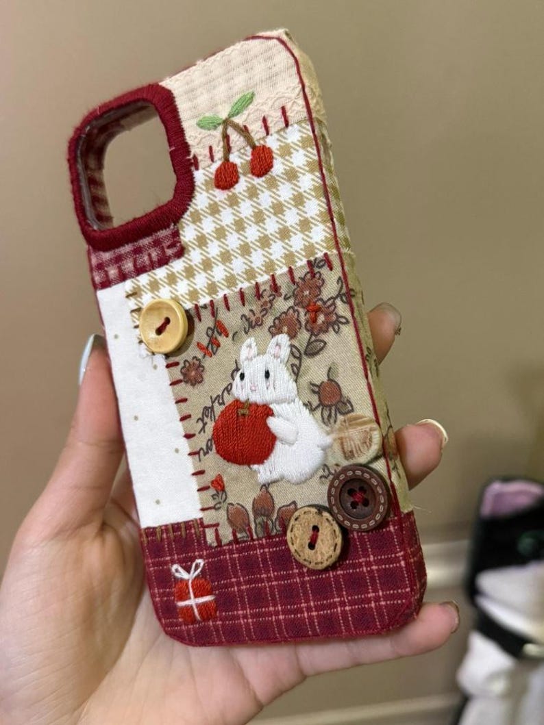 Handmade Patchwork Phone Case, iPhone Case, Samsung Case, Plaid Embroidery Case, Cute Bunny ...