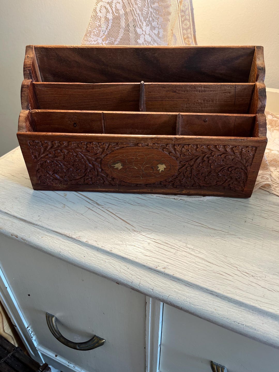 Vintage Mid-century Carved Wooden Letter Holder With Brass Inlay. - Etsy