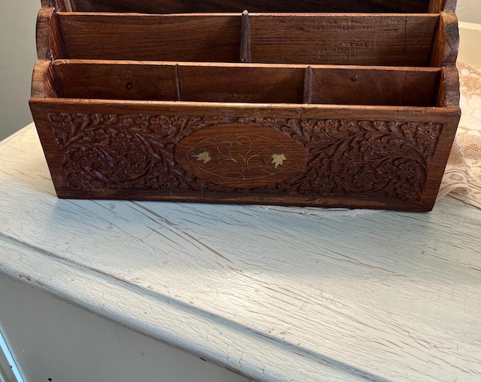 Vintage Mid-century Carved Wooden Letter Holder With Brass Inlay. - Etsy
