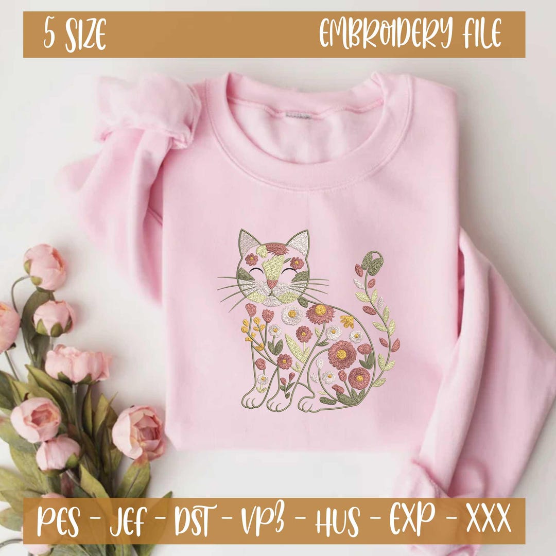 Floral Cat Embroidery Design, Cute Cat With Flowers, Pet Lover Gift ...