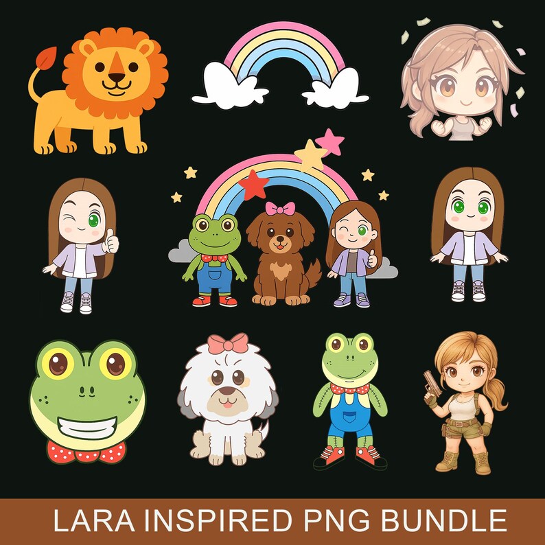 Lara Cartoon Clipart PNG Bundle: Girl Characters, Rainbow, Frog ...